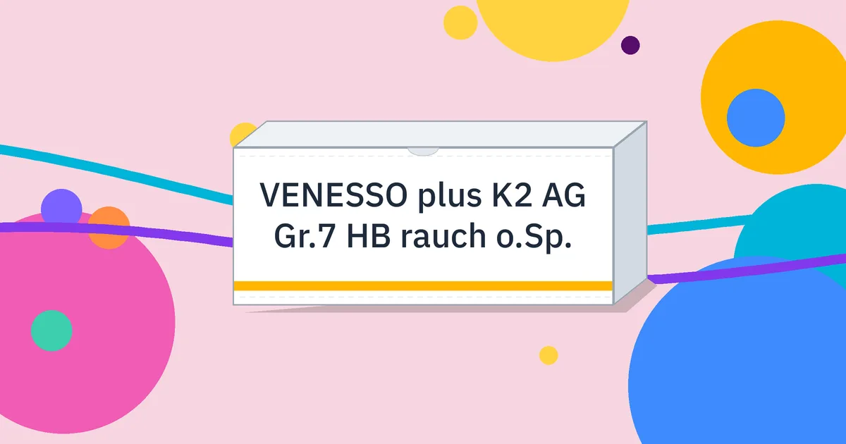 Symbolbild: Packung mit der Aufschrift VENESSO plus K2 AG Gr.7 HB rauch o.Sp. (PZN 03297354) – Verfügbarkeit und Bezug in Apotheken in Frankfurt am Main