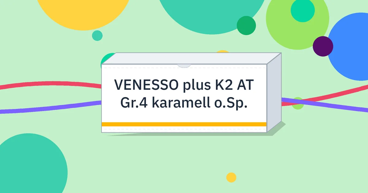 Symbolbild: Packung mit der Aufschrift VENESSO plus K2 AT Gr.4 karamell o.Sp. (PZN 13758661) – Verfügbarkeit und Bezug in Apotheken in Frankfurt am Main