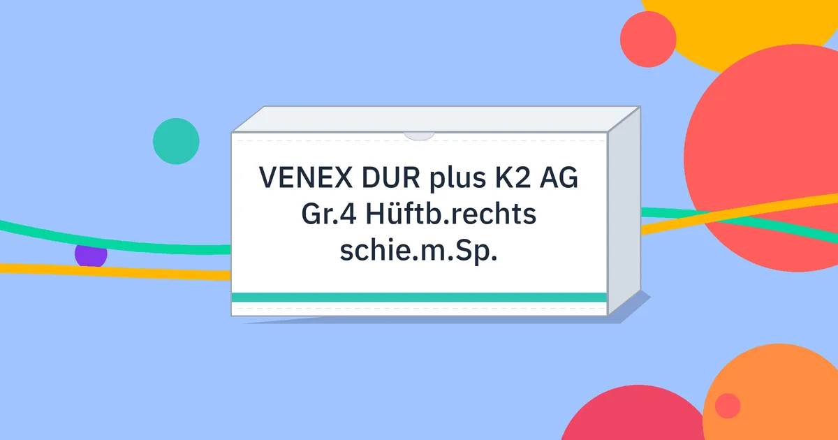 Symbolbild: Packung mit der Aufschrift VENEX DUR plus K2 AG Gr.4 Hüftb.rechts schie.m.Sp. (PZN 03237955) – Verfügbarkeit und Bezug in Apotheken in Frankfurt am Main