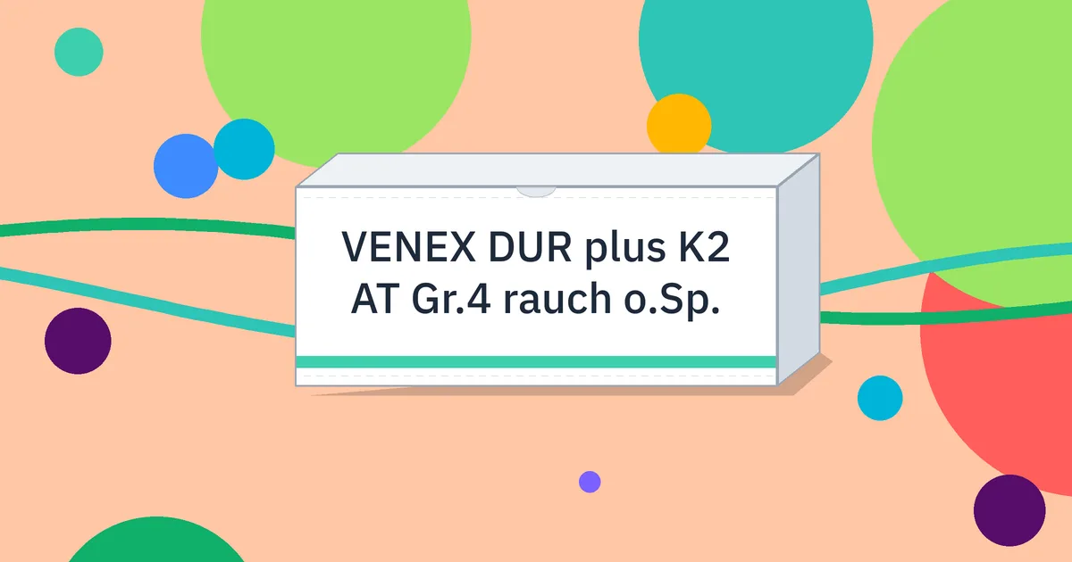 Symbolbild: Packung mit der Aufschrift VENEX DUR plus K2 AT Gr.4 rauch o.Sp. (PZN 03234477) – Verfügbarkeit und Bezug in Apotheken in Frankfurt am Main
