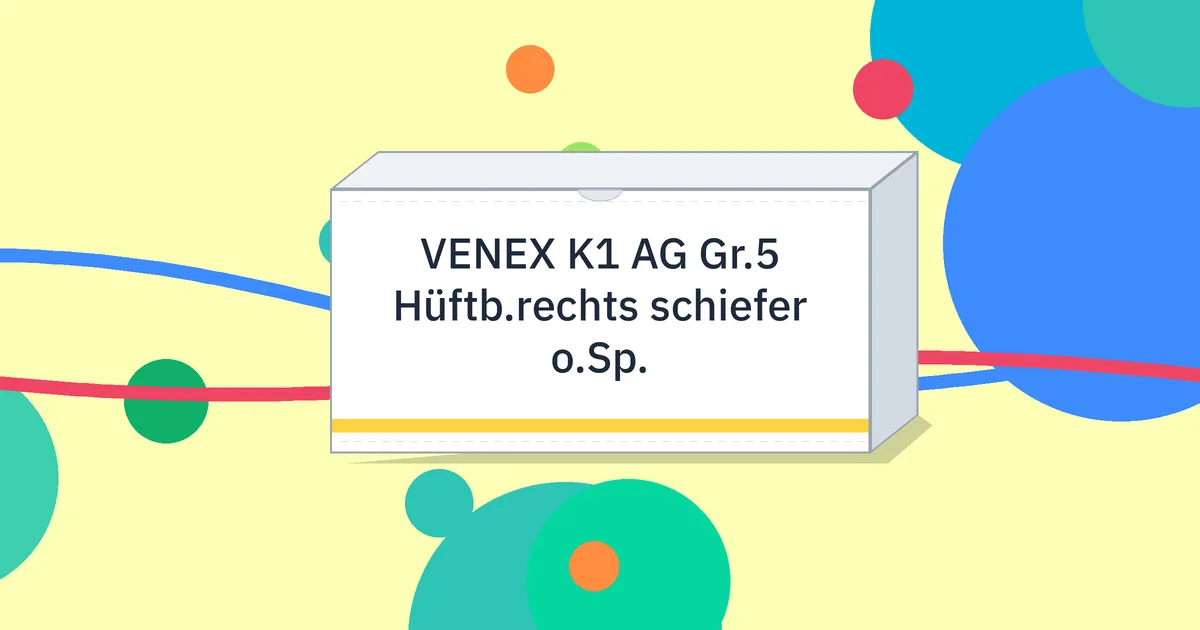 Symbolbild: Packung mit der Aufschrift VENEX K1 AG Gr.5 Hüftb.rechts schiefer o.Sp. (PZN 03208103) – Verfügbarkeit und Bezug in Apotheken in Frankfurt am Main