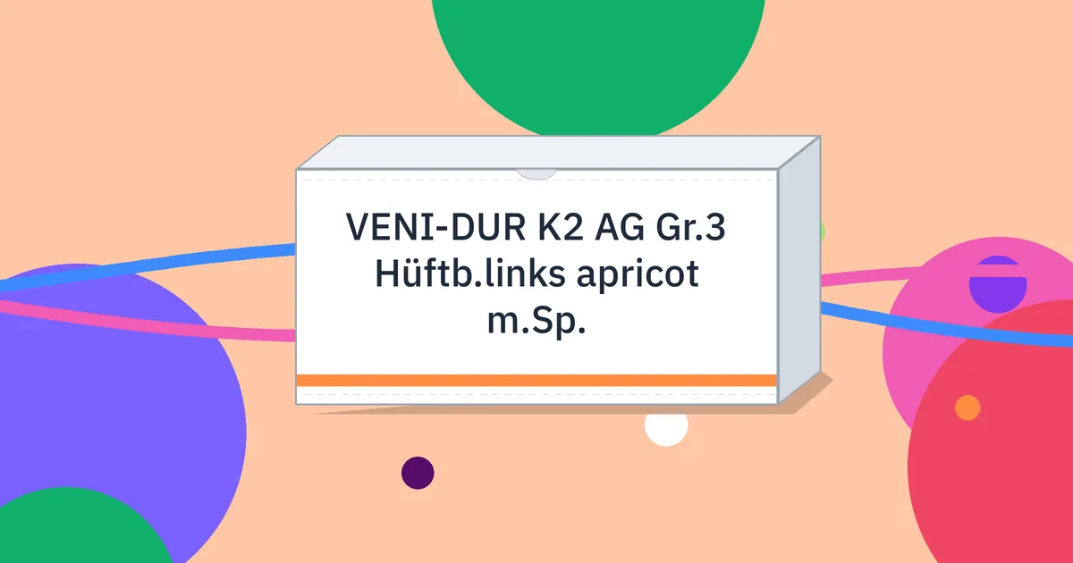 Symbolbild: Packung mit der Aufschrift VENI-DUR K2 AG Gr.3 Hüftb.links apricot m.Sp. (PZN 03246670) – Verfügbarkeit und Bezug in Apotheken in Frankfurt am Main