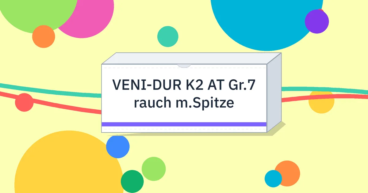 Symbolbild: Packung mit der Aufschrift VENI-DUR K2 AT Gr.7 rauch m.Spitze (PZN 03243849) – Verfügbarkeit und Bezug in Apotheken in Frankfurt am Main