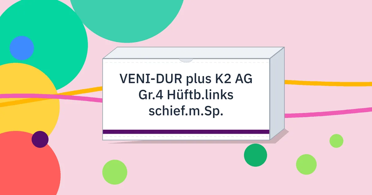 Symbolbild: Packung mit der Aufschrift VENI-DUR plus K2 AG Gr.4 Hüftb.links schief.m.Sp. (PZN 03256697) – Verfügbarkeit und Bezug in Apotheken in Frankfurt am Main