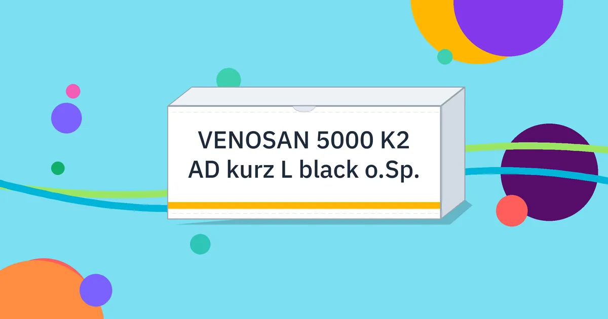 Symbolbild: Packung mit der Aufschrift VENOSAN 5000 K2 AD kurz L black o.Sp. (PZN 14433197) – Verfügbarkeit und Bezug in Apotheken in Frankfurt am Main