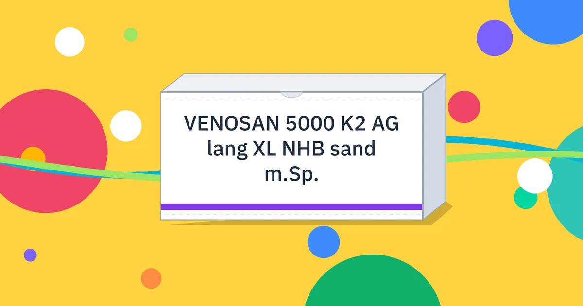 Symbolbild: Packung mit der Aufschrift VENOSAN 5000 K2 AG lang XL NHB sand m.Sp. (PZN 14428902) – Verfügbarkeit und Bezug in Apotheken in Frankfurt am Main