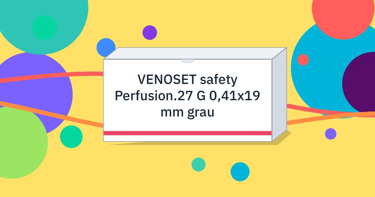 Symbolbild: Packung mit der Aufschrift VENOSET safety Perfusion.27 G 0,41x19 mm grau (PZN 13847040) – Verfügbarkeit und Bezug in Apotheken in Frankfurt am Main