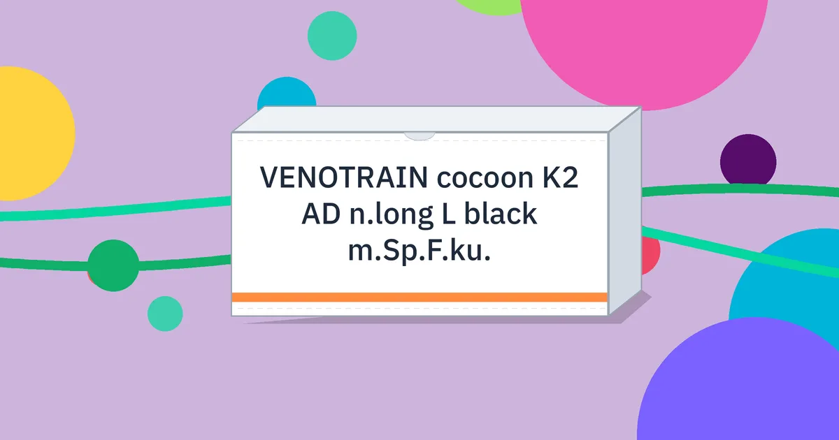 Symbolbild: Packung mit der Aufschrift VENOTRAIN cocoon K2 AD n.long L black m.Sp.F.ku. (PZN 14401731) – Verfügbarkeit und Bezug in Apotheken in Frankfurt am Main