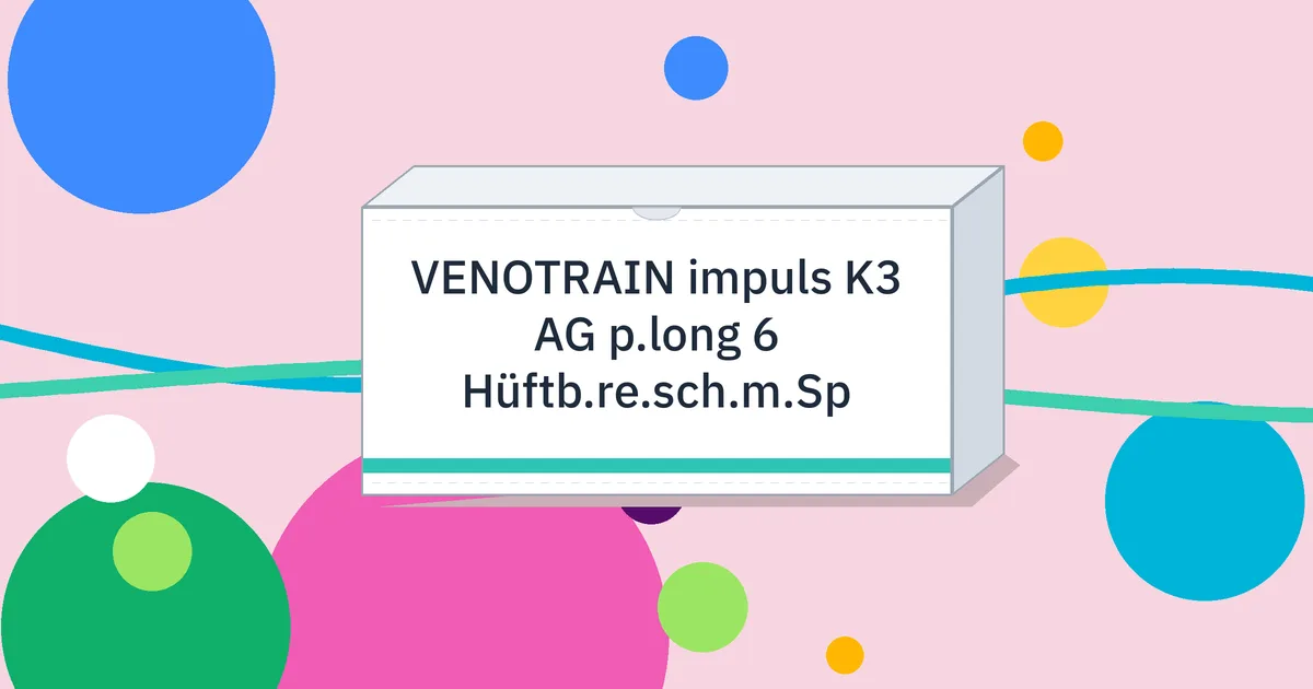 Symbolbild: Packung mit der Aufschrift VENOTRAIN impuls K3 AG p.long 6 Hüftb.re.sch.m.Sp (PZN 10294043) – Verfügbarkeit und Bezug in Apotheken in Frankfurt am Main