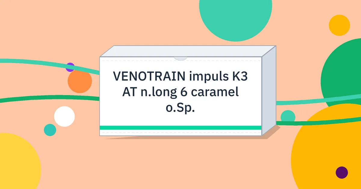 Symbolbild: Packung mit der Aufschrift VENOTRAIN impuls K3 AT n.long 6 caramel o.Sp. (PZN 19355295) – Verfügbarkeit und Bezug in Apotheken in Frankfurt am Main
