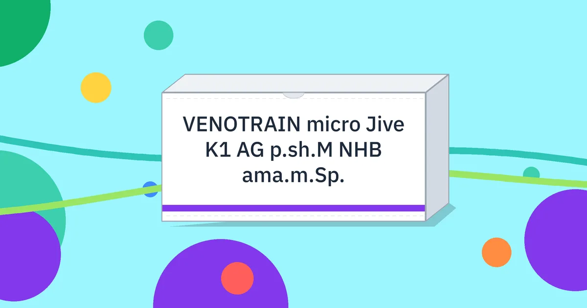 Symbolbild: Packung mit der Aufschrift VENOTRAIN micro Jive K1 AG p.sh.M NHB ama.m.Sp. (PZN 17765014) – Verfügbarkeit und Bezug in Apotheken in Frankfurt am Main