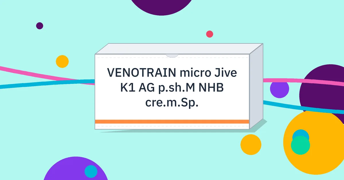 Symbolbild: Packung mit der Aufschrift VENOTRAIN micro Jive K1 AG p.sh.M NHB cre.m.Sp. (PZN 17763452) – Verfügbarkeit und Bezug in Apotheken in Frankfurt am Main