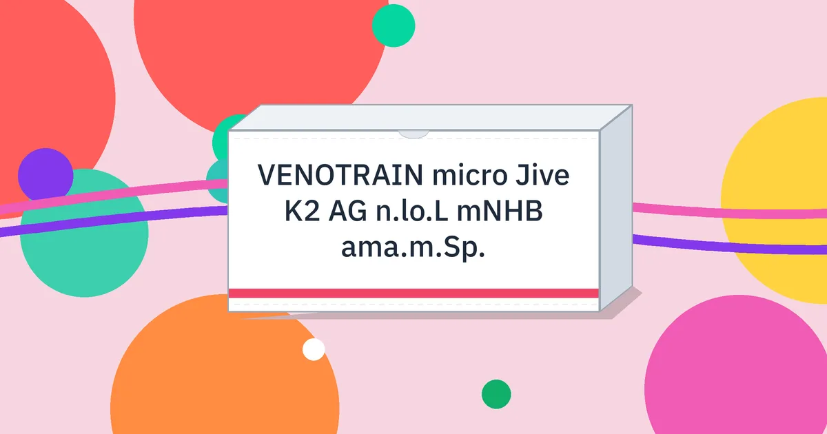 Symbolbild: Packung mit der Aufschrift VENOTRAIN micro Jive K2 AG n.lo.L mNHB ama.m.Sp. (PZN 17759686) – Verfügbarkeit und Bezug in Apotheken in Frankfurt am Main