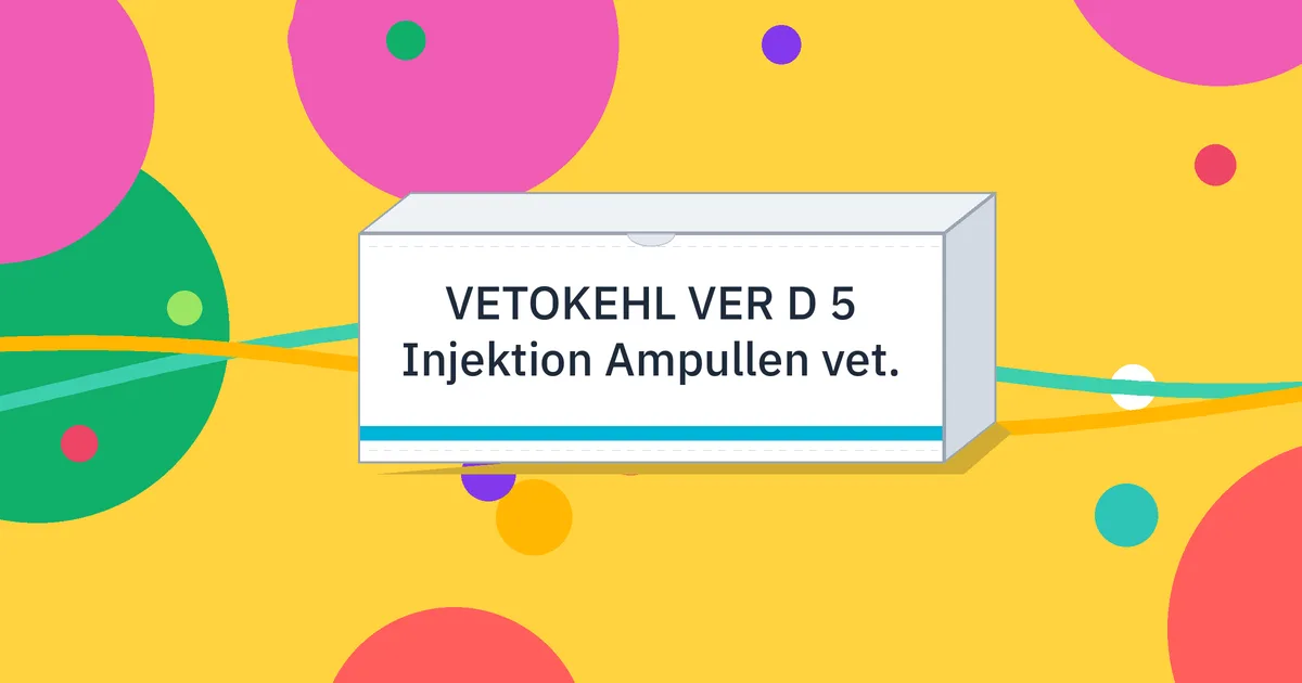 Symbolbild: Packung mit der Aufschrift VETOKEHL VER D 5 Injektion Ampullen vet. (PZN 00163417) – Verfügbarkeit und Bezug in Apotheken in Frankfurt am Main