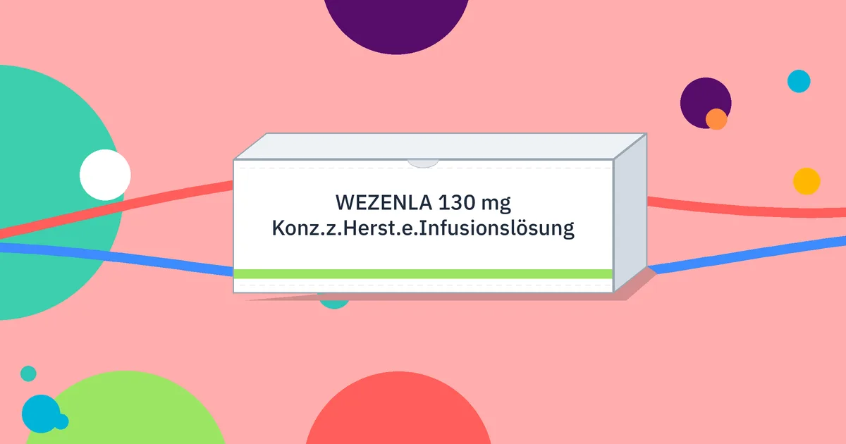 Symbolbild: Packung mit der Aufschrift WEZENLA 130 mg Konz.z.Herst.e.Infusionslösung (PZN 19665937) – Verfügbarkeit und Bezug in Apotheken in Frankfurt am Main