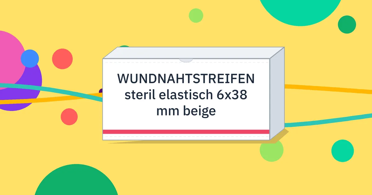 Symbolbild: Packung mit der Aufschrift WUNDNAHTSTREIFEN steril elastisch 6x38 mm beige (PZN 20100867) – Verfügbarkeit und Bezug in Apotheken in Frankfurt am Main