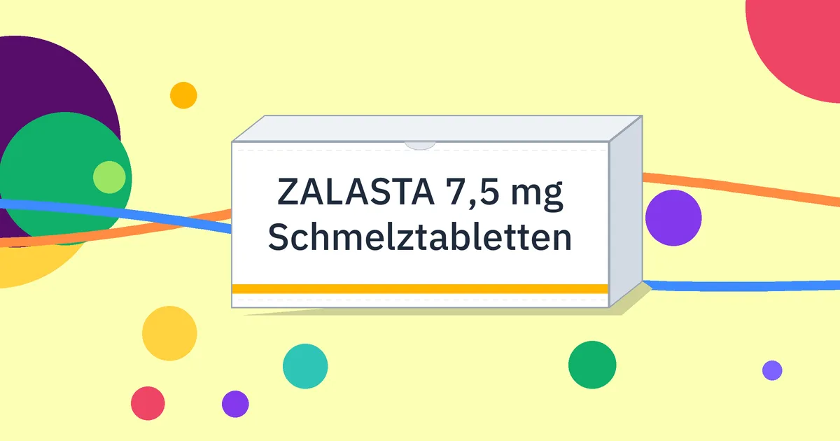 Symbolbild: Packung mit der Aufschrift ZALASTA 7,5 mg Schmelztabletten (PZN 09097998) – Verfügbarkeit und Bezug in Apotheken in Frankfurt am Main