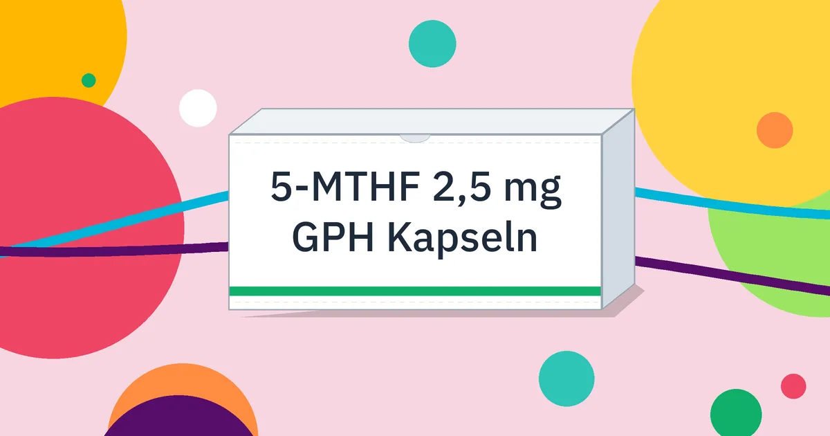 Symbolbild: Packung mit der Aufschrift 5-MTHF 2,5 mg GPH Kapseln (PZN 20051347) – Verfügbarkeit und Bezug in Apotheken in Frankfurt am Main