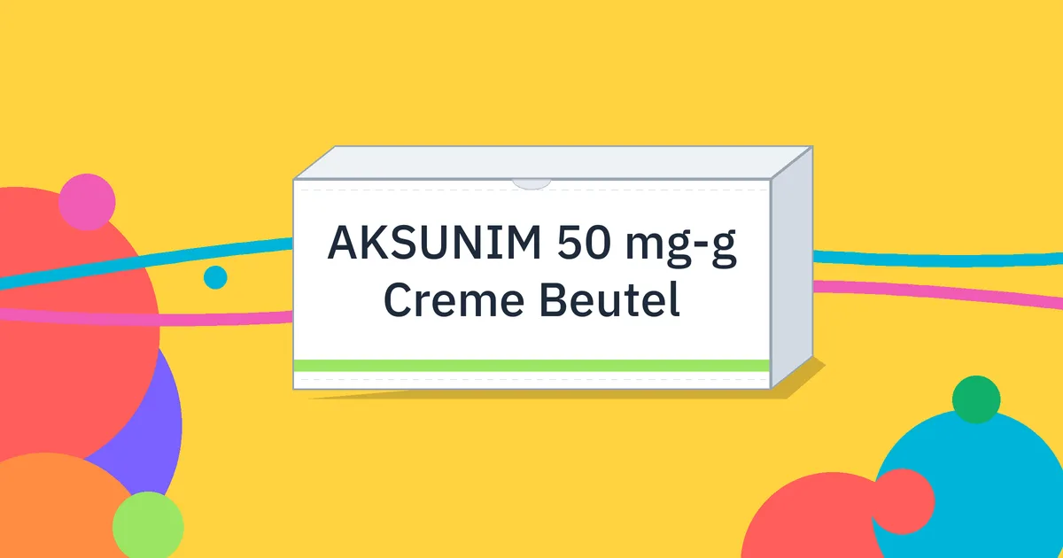 Symbolbild: Packung mit der Aufschrift AKSUNIM 50 mg-g Creme Beutel (PZN 14235876) – Verfügbarkeit und Bezug in Apotheken in Frankfurt am Main