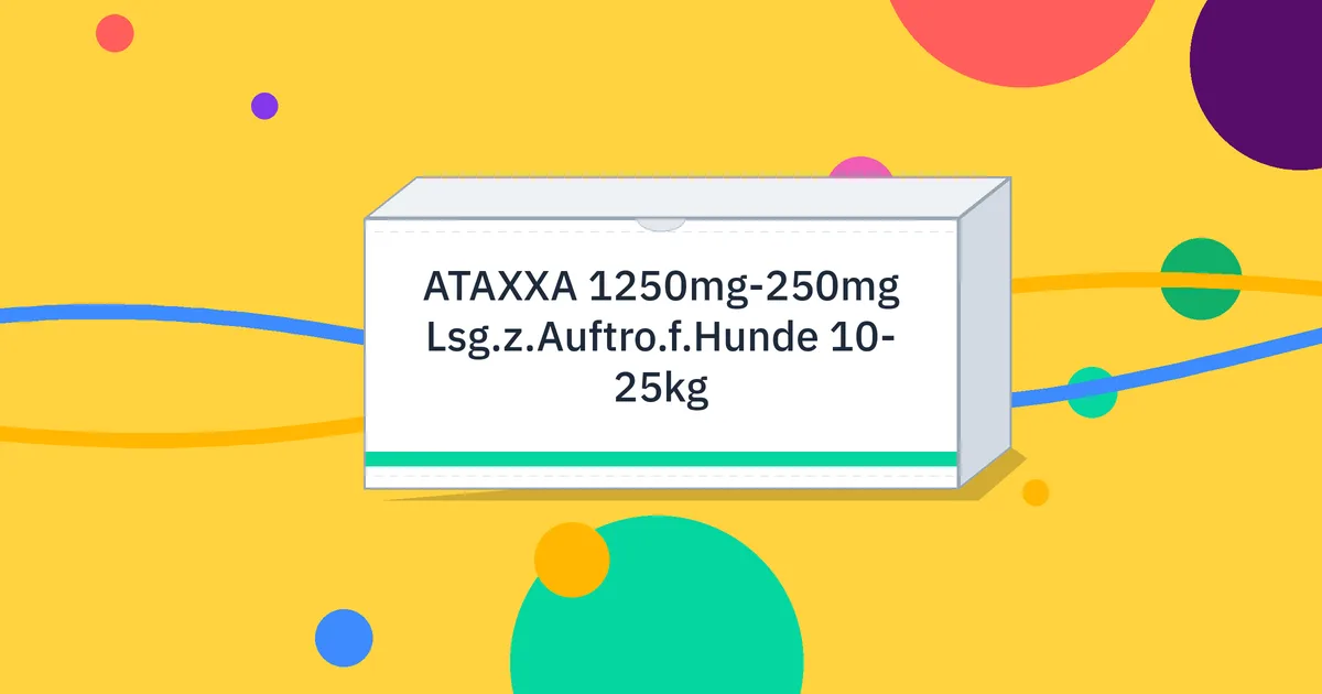 Symbolbild: Packung mit der Aufschrift ATAXXA 1250mg-250mg Lsg.z.Auftro.f.Hunde 10-25kg (PZN 17855237) – Verfügbarkeit und Bezug in Apotheken in Frankfurt am Main