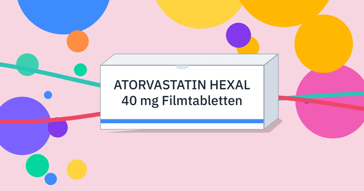 Symbolbild: Packung mit der Aufschrift ATORVASTATIN HEXAL 40 mg Filmtabletten (PZN 09122650) – Verfügbarkeit und Bezug in Apotheken in Frankfurt am Main