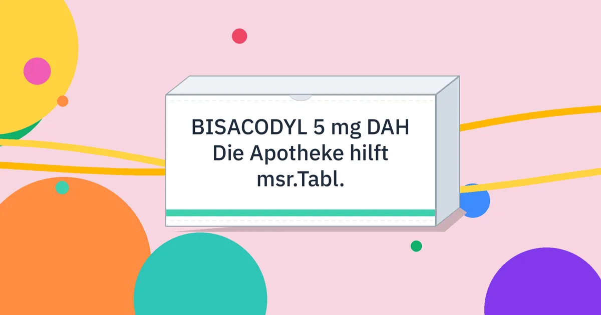 Symbolbild: Packung mit der Aufschrift BISACODYL 5 mg DAH Die Apotheke hilft msr.Tabl. (PZN 19957522) – Verfügbarkeit und Bezug in Apotheken in Frankfurt am Main