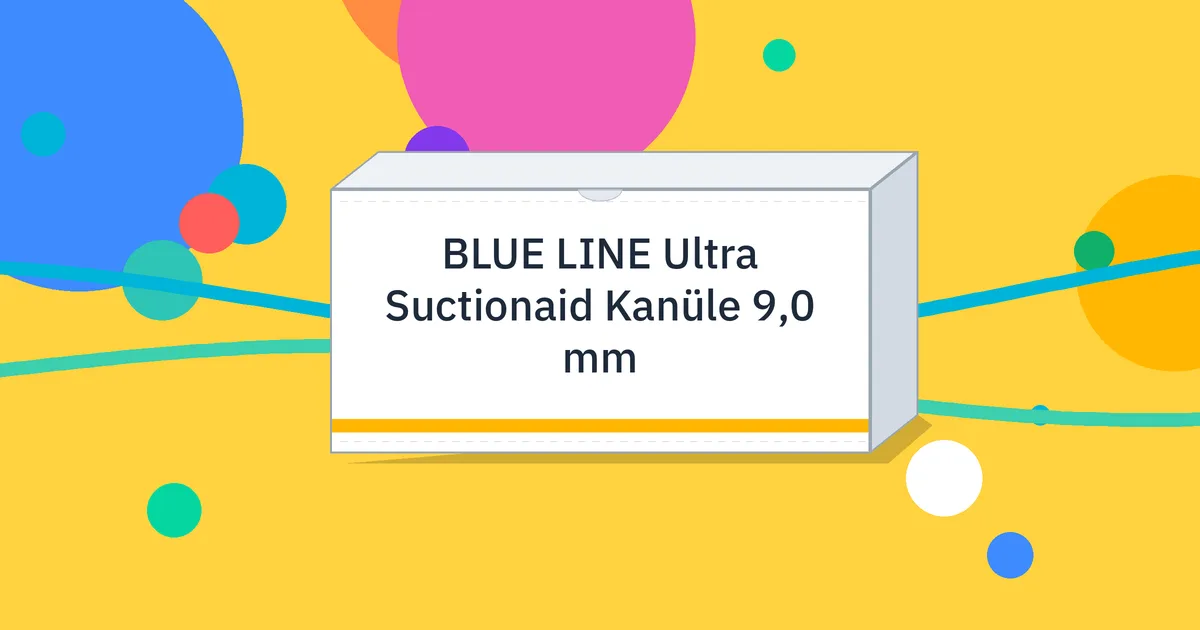 Symbolbild: Packung mit der Aufschrift BLUE LINE Ultra Suctionaid Kanüle 9,0 mm (PZN 02189438) – Verfügbarkeit und Bezug in Apotheken in Frankfurt am Main