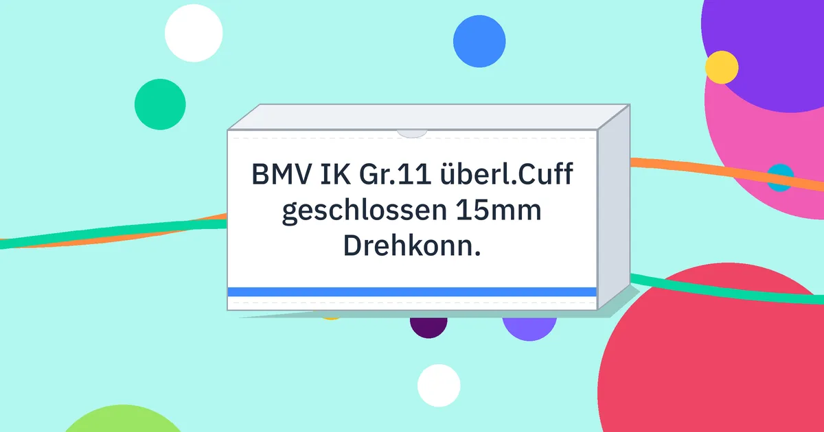 Symbolbild: Packung mit der Aufschrift BMV IK Gr.11 überl.Cuff geschlossen 15mm Drehkonn. (PZN 20139958) – Verfügbarkeit und Bezug in Apotheken in Frankfurt am Main