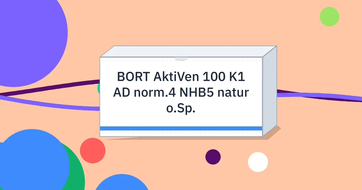Symbolbild: Packung mit der Aufschrift BORT AktiVen 100 K1 AD norm.4 NHB5 natur o.Sp. (PZN 17493461) – Verfügbarkeit und Bezug in Apotheken in Frankfurt am Main