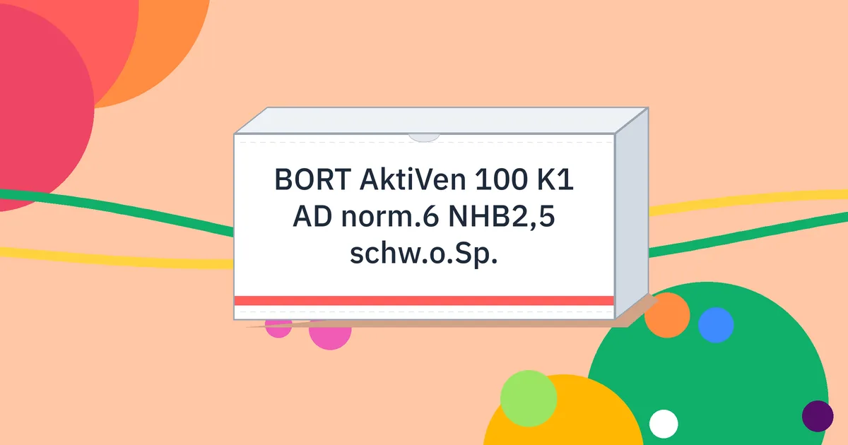 Symbolbild: Packung mit der Aufschrift BORT AktiVen 100 K1 AD norm.6 NHB2,5 schw.o.Sp. (PZN 17501999) – Verfügbarkeit und Bezug in Apotheken in Frankfurt am Main