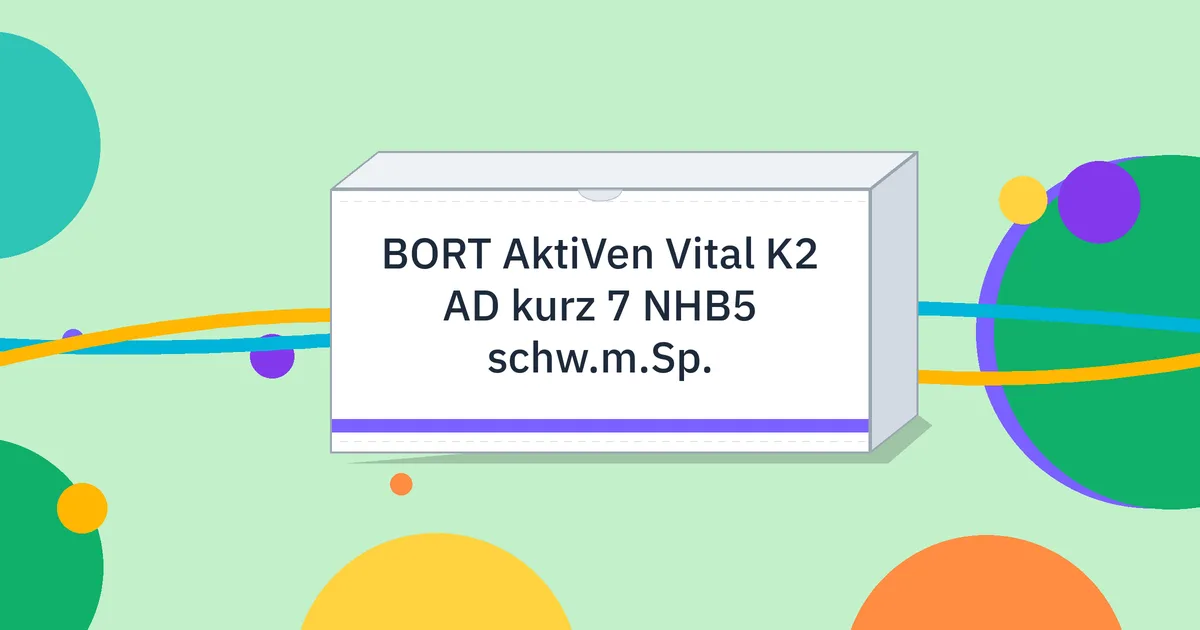 Symbolbild: Packung mit der Aufschrift BORT AktiVen Vital K2 AD kurz 7 NHB5 schw.m.Sp. (PZN 17493426) – Verfügbarkeit und Bezug in Apotheken in Frankfurt am Main