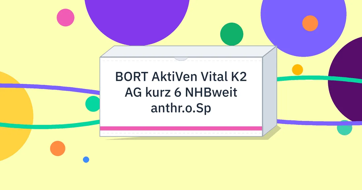 Symbolbild: Packung mit der Aufschrift BORT AktiVen Vital K2 AG kurz 6 NHBweit anthr.o.Sp (PZN 13734436) – Verfügbarkeit und Bezug in Apotheken in Frankfurt am Main