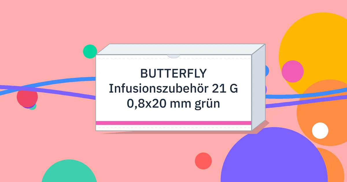 Symbolbild: Packung mit der Aufschrift BUTTERFLY Infusionszubehör 21 G 0,8x20 mm grün (PZN 17831366) – Verfügbarkeit und Bezug in Apotheken in Frankfurt am Main