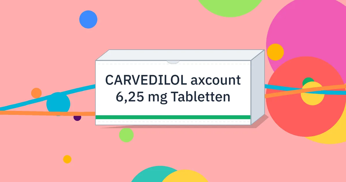 Symbolbild: Packung mit der Aufschrift CARVEDILOL axcount 6,25 mg Tabletten (PZN 05513804) – Verfügbarkeit und Bezug in Apotheken in Frankfurt am Main