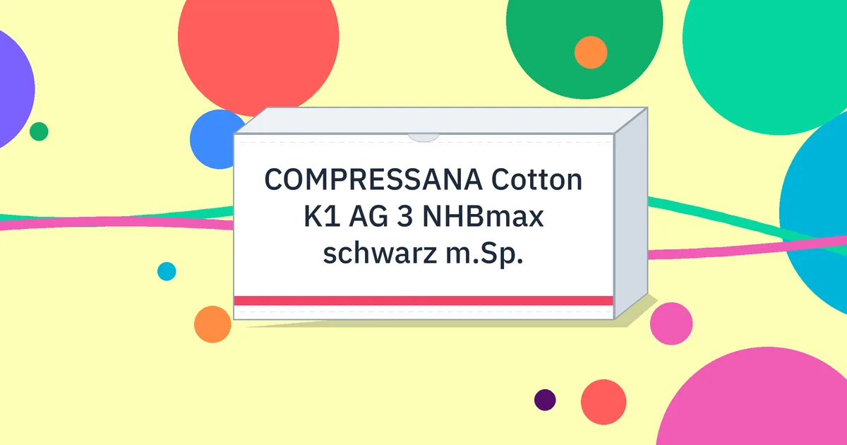 Symbolbild: Packung mit der Aufschrift COMPRESSANA Cotton K1 AG 3 NHBmax schwarz m.Sp. (PZN 11393037) – Verfügbarkeit und Bezug in Apotheken in Frankfurt am Main