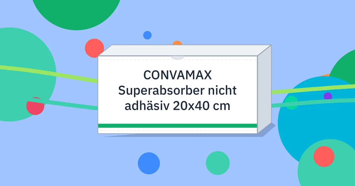 Symbolbild: Packung mit der Aufschrift CONVAMAX Superabsorber nicht adhäsiv 20x40 cm (PZN 20118005) – Verfügbarkeit und Bezug in Apotheken in Frankfurt am Main