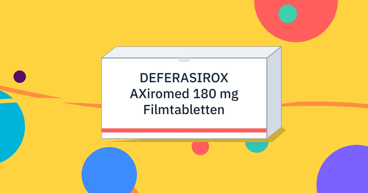Symbolbild: Packung mit der Aufschrift DEFERASIROX AXiromed 180 mg Filmtabletten (PZN 17946299) – Verfügbarkeit und Bezug in Apotheken in Frankfurt am Main