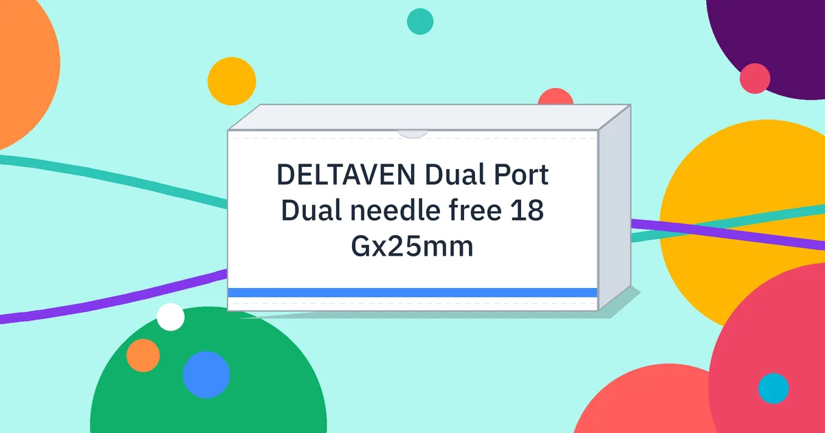 Symbolbild: Packung mit der Aufschrift DELTAVEN Dual Port Dual needle free 18 Gx25mm (PZN 18873846) – Verfügbarkeit und Bezug in Apotheken in Frankfurt am Main