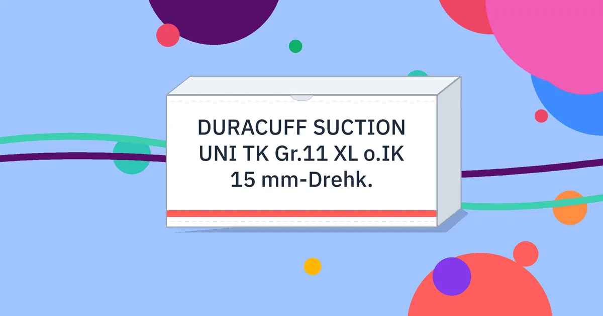 Symbolbild: Packung mit der Aufschrift DURACUFF SUCTION UNI TK Gr.11 XL o.IK 15 mm-Drehk. (PZN 02702025) – Verfügbarkeit und Bezug in Apotheken in Frankfurt am Main