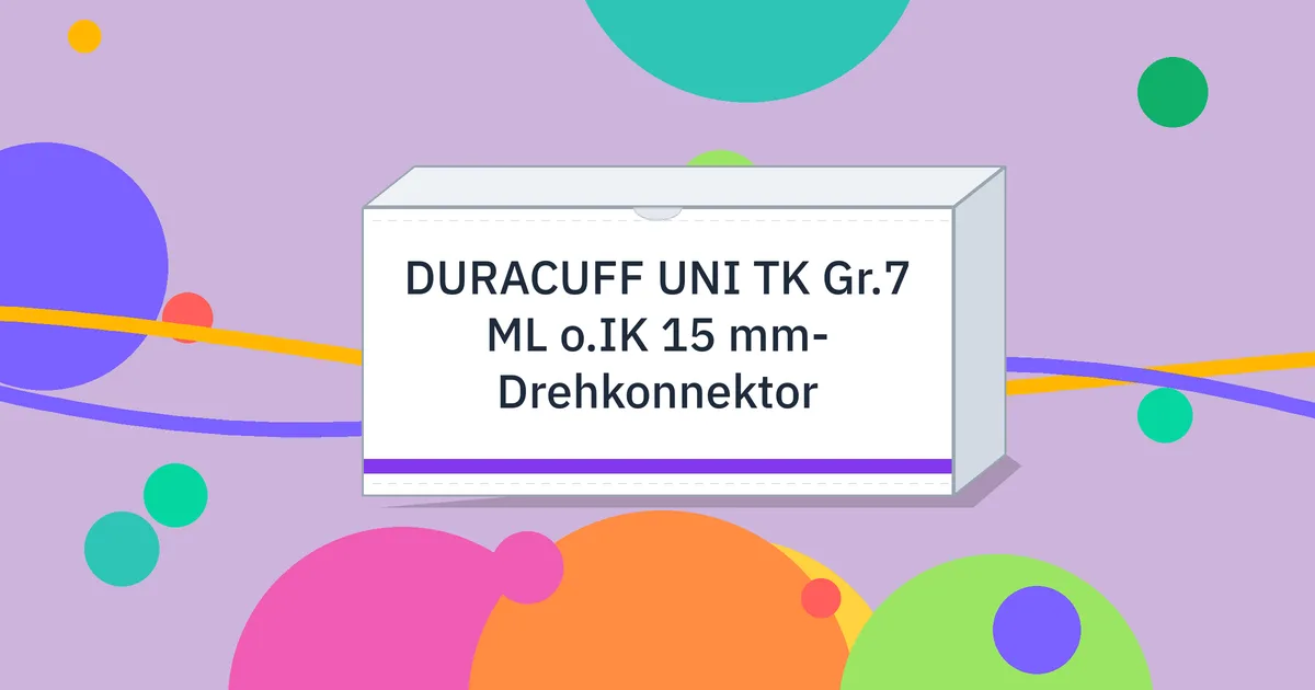 Symbolbild: Packung mit der Aufschrift DURACUFF UNI TK Gr.7 ML o.IK 15 mm-Drehkonnektor (PZN 04960955) – Verfügbarkeit und Bezug in Apotheken in Frankfurt am Main