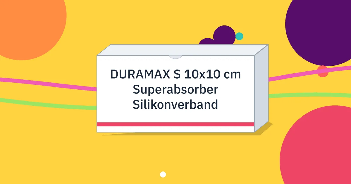 Symbolbild: Packung mit der Aufschrift DURAMAX S 10x10 cm Superabsorber Silikonverband (PZN 19883025) – Verfügbarkeit und Bezug in Apotheken in Frankfurt am Main