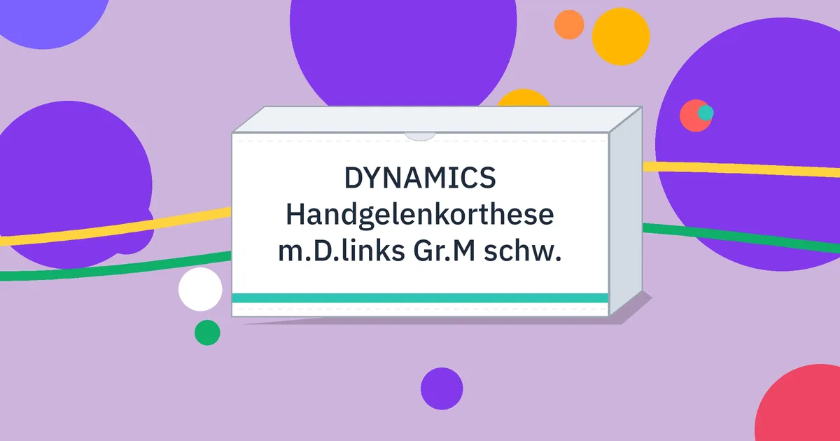 Symbolbild: Packung mit der Aufschrift DYNAMICS Handgelenkorthese m.D.links Gr.M schw. (PZN 10633189) – Verfügbarkeit und Bezug in Apotheken in Frankfurt am Main
