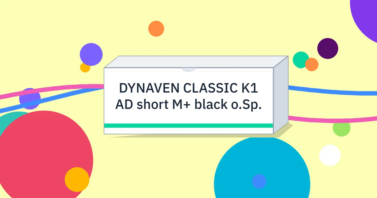 Symbolbild: Packung mit der Aufschrift DYNAVEN CLASSIC K1 AD short M+ black o.Sp. (PZN 18414245) – Verfügbarkeit und Bezug in Apotheken in Frankfurt am Main