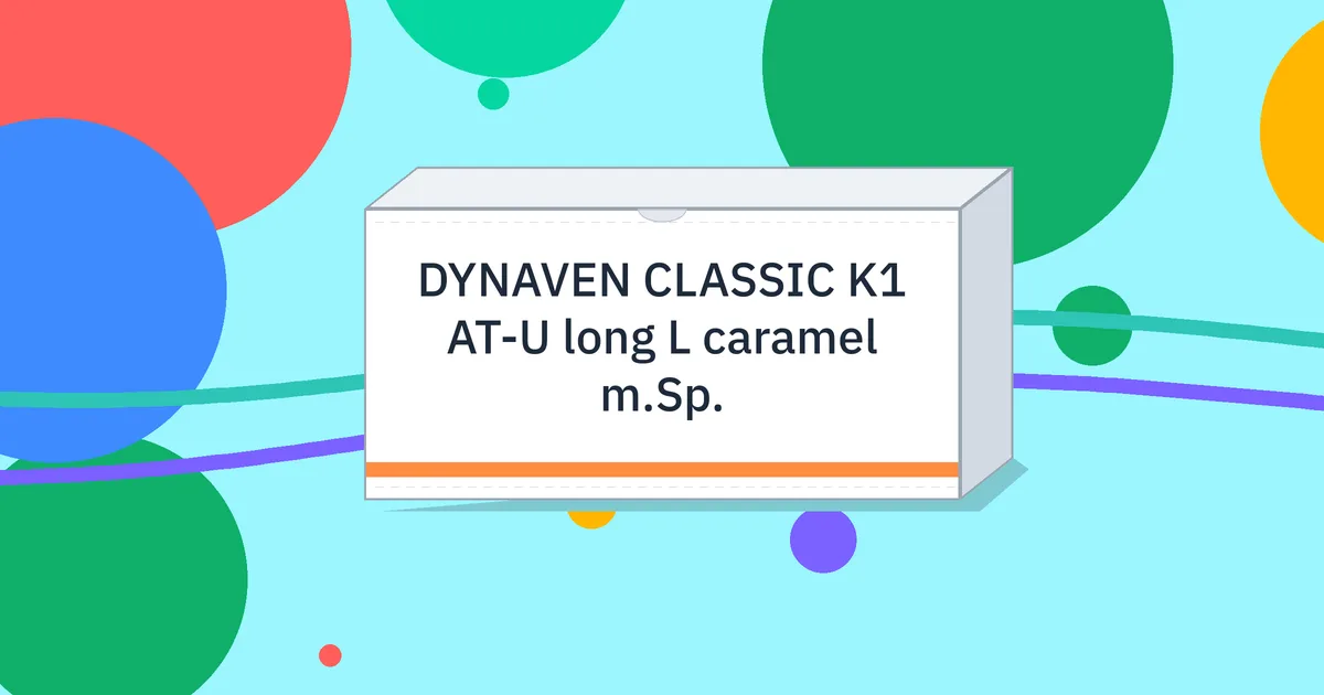 Symbolbild: Packung mit der Aufschrift DYNAVEN CLASSIC K1 AT-U long L caramel m.Sp. (PZN 18416994) – Verfügbarkeit und Bezug in Apotheken in Frankfurt am Main