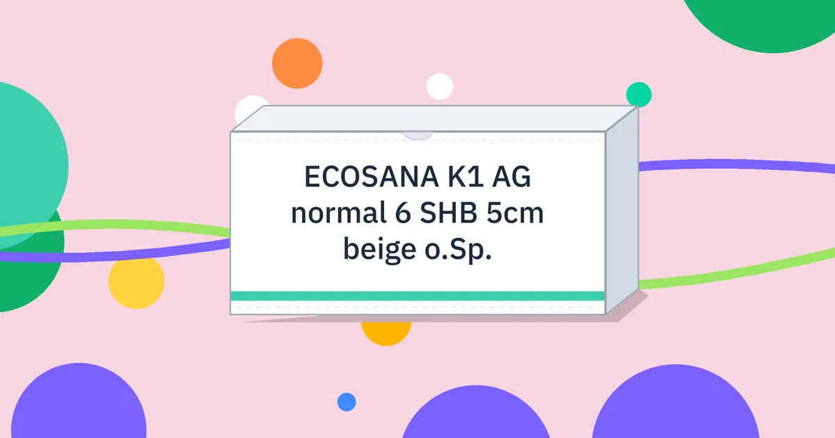 Symbolbild: Packung mit der Aufschrift ECOSANA K1 AG normal 6 SHB 5cm beige o.Sp. (PZN 04729809) – Verfügbarkeit und Bezug in Apotheken in Frankfurt am Main