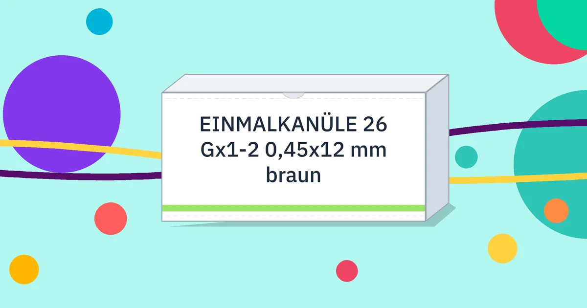 Symbolbild: Packung mit der Aufschrift EINMALKANÜLE 26 Gx1-2 0,45x12 mm braun (PZN 18717477) – Verfügbarkeit und Bezug in Apotheken in Frankfurt am Main