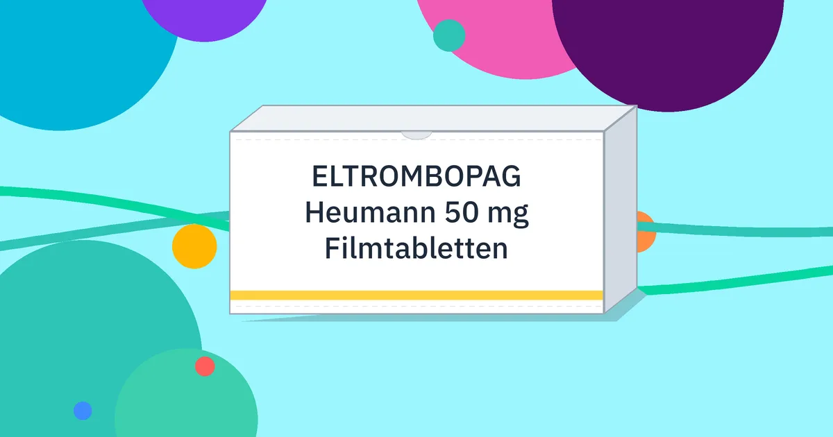 Symbolbild: Packung mit der Aufschrift ELTROMBOPAG Heumann 50 mg Filmtabletten (PZN 19421224) – Verfügbarkeit und Bezug in Apotheken in Frankfurt am Main