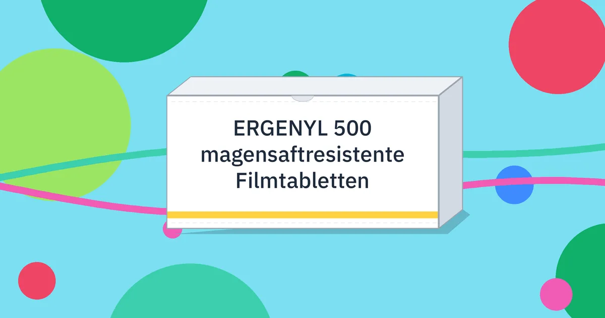 Symbolbild: Packung mit der Aufschrift ERGENYL 500 magensaftresistente Filmtabletten (PZN 02073026) – Verfügbarkeit und Bezug in Apotheken in Frankfurt am Main
