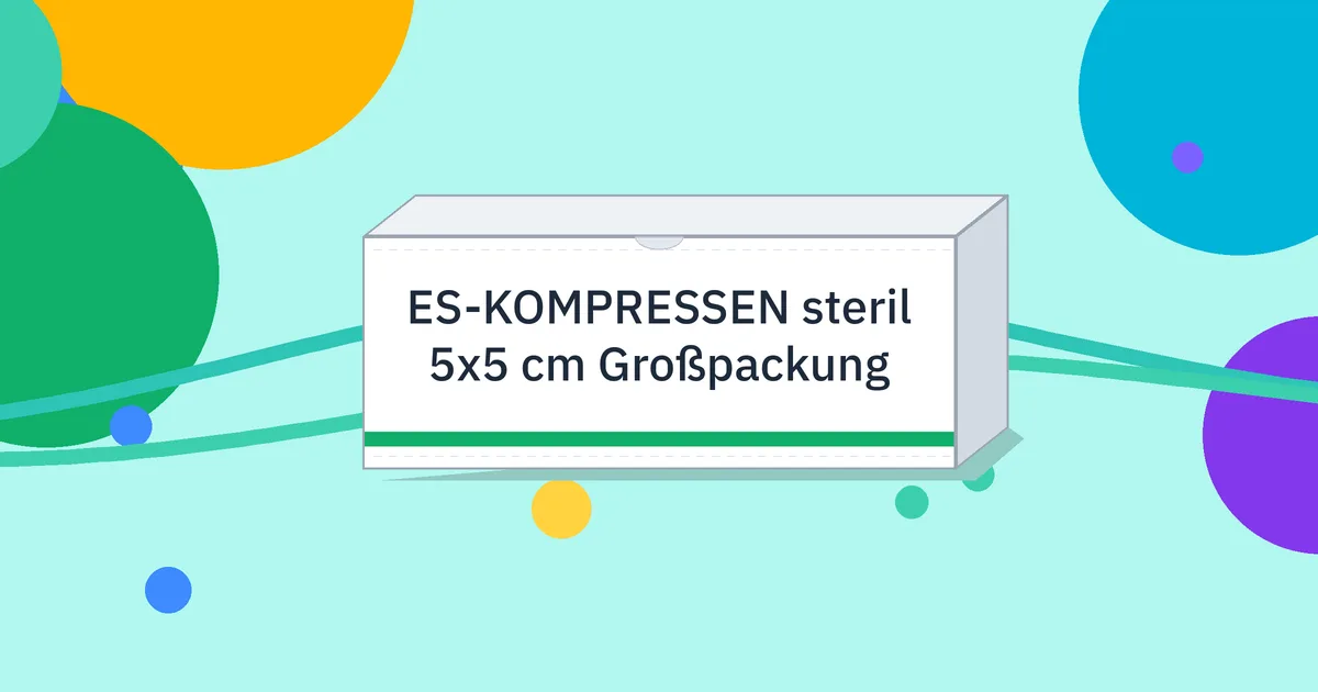 Symbolbild: Packung mit der Aufschrift ES-KOMPRESSEN steril 5x5 cm Großpackung (PZN 17434197) – Verfügbarkeit und Bezug in Apotheken in Frankfurt am Main