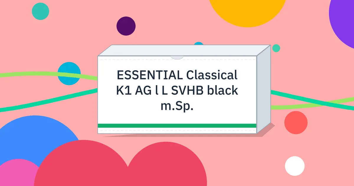 Symbolbild: Packung mit der Aufschrift ESSENTIAL Classical K1 AG l L SVHB black m.Sp. (PZN 18421110) – Verfügbarkeit und Bezug in Apotheken in Frankfurt am Main